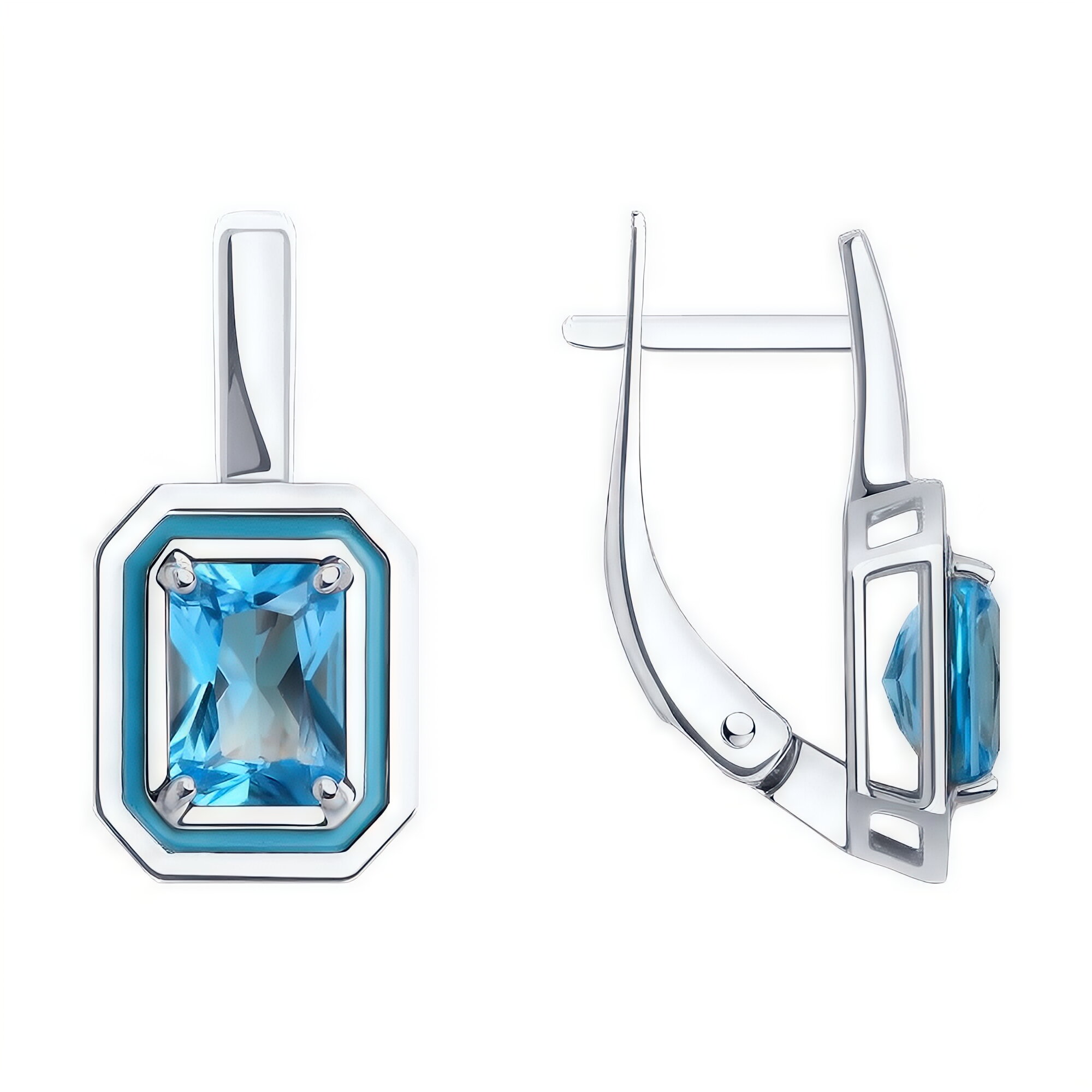 Серьги, белое золото, 585 проба, топаз, эмаль