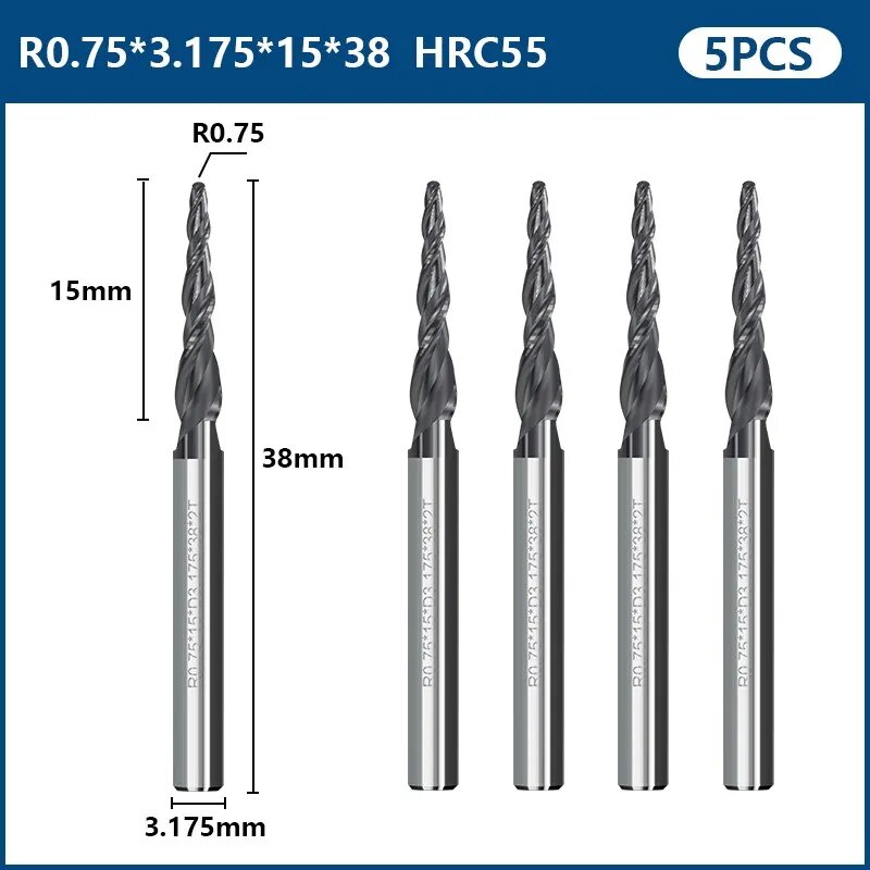 Концевая фреза XCAN с коническим шариковым носиком, хвостовик 1/8 дюйма (3,175 мм), твердосплавная фреза с супер покрытием, набор из 5 насадок для гравировки по дереву и металлу