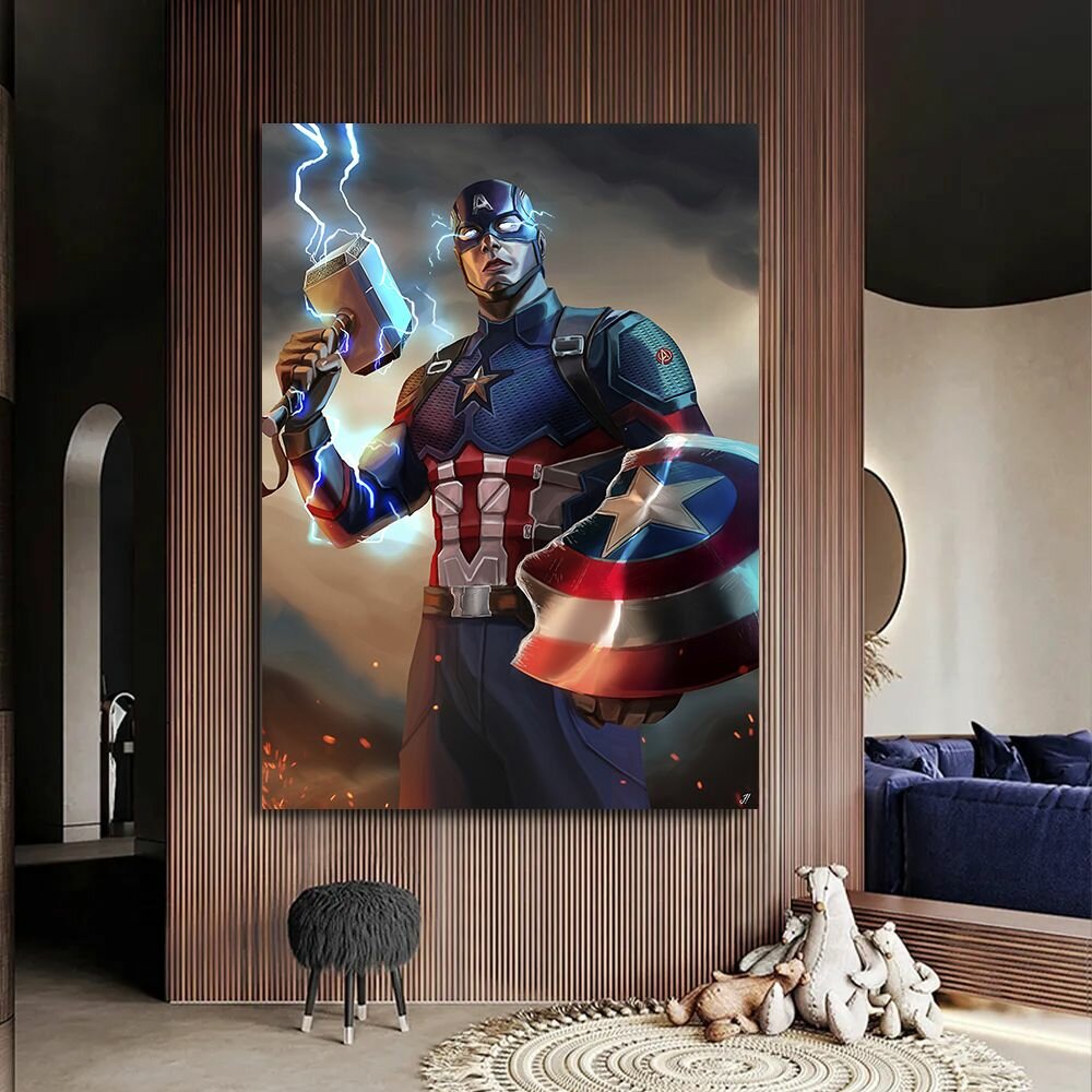 Картина "Капитан Америка", 40x60 см, на холсте, на подрамнике, дерево, принт, супергерои