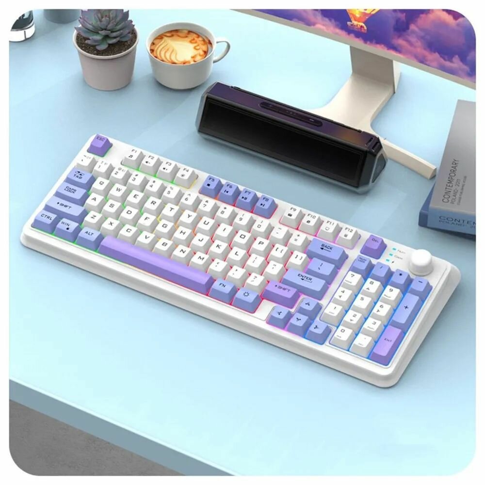Клавиатура проводная мембранная с RGB-подсветкой IBN K81 / Белы, фиолетовый