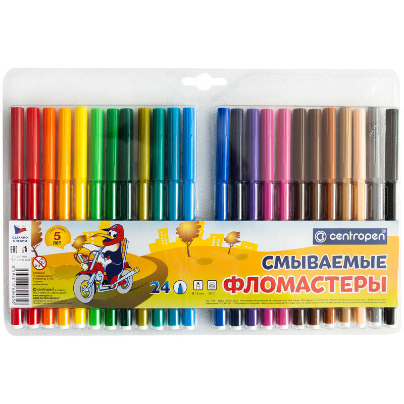 Фломастеры Centropen "Washable", 24цв, смываемые, блистер, 078113