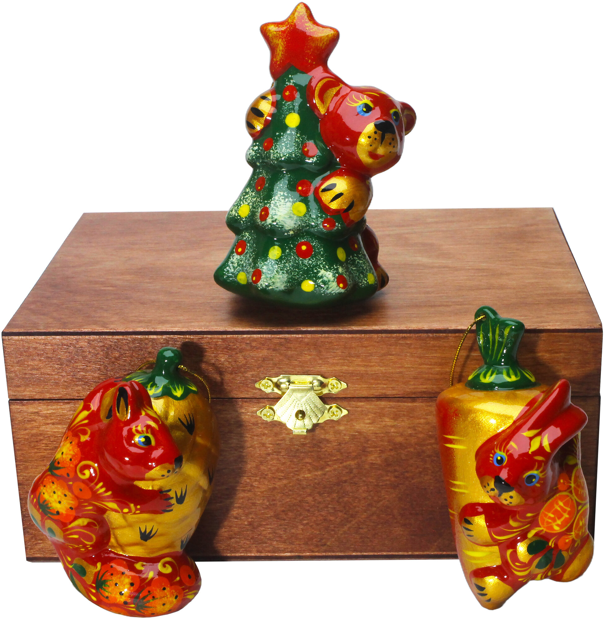 "О вкусах не спорят №2" 3 штуки в деревянной коробке Набор фарфоровых елочных игрушек украшений хохлома красная коллекция