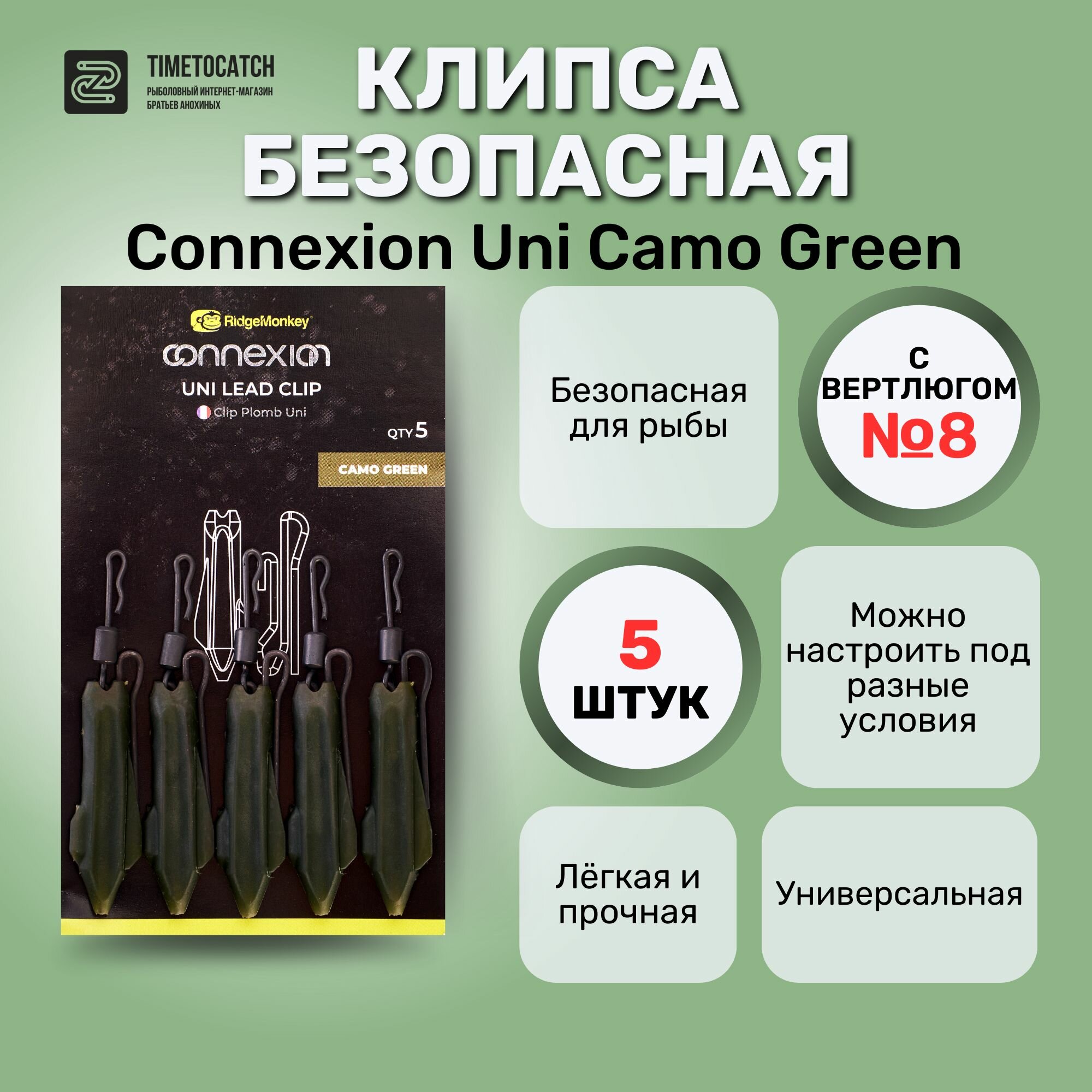 Безопасная клипса Ridge Monkey Connexion Uni Camo Green (5 шт. в упаковке).