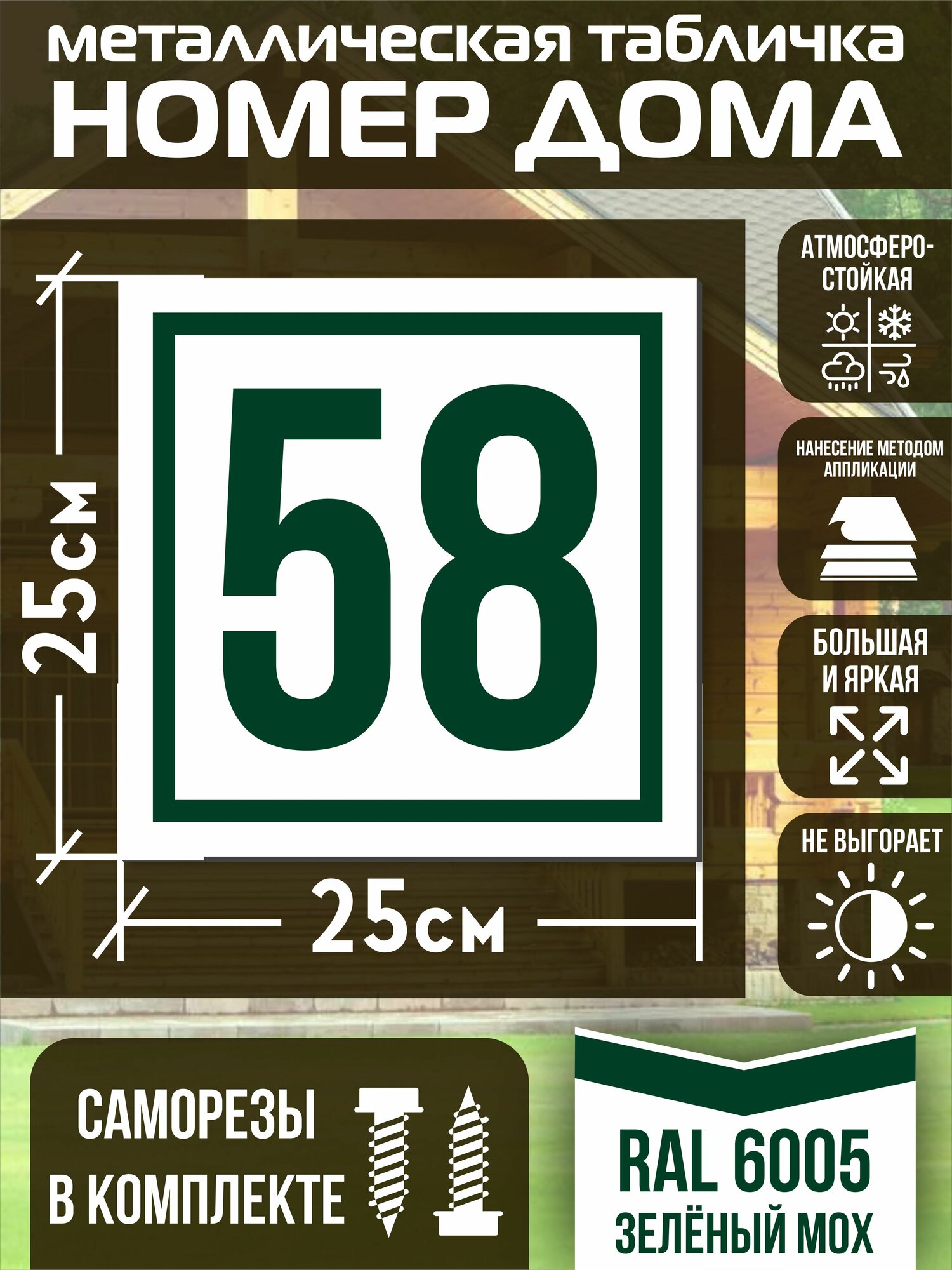 Адресная табличка на дом с номером 58 RAL 6005 зеленая