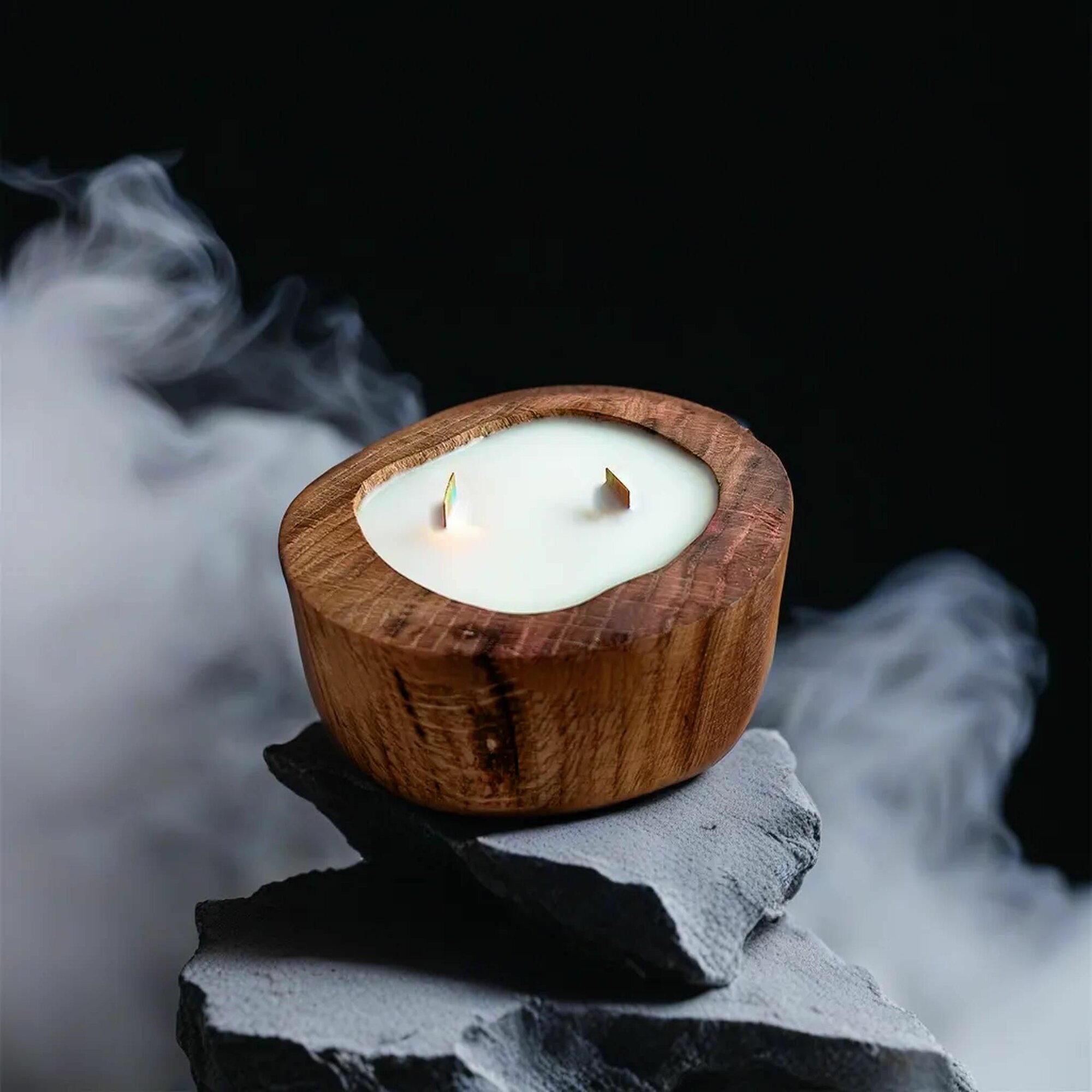 Свеча ароматическая в дереве с ароматом табак И ваниль, соевый воск и два деревянных фитиля, ручная работа