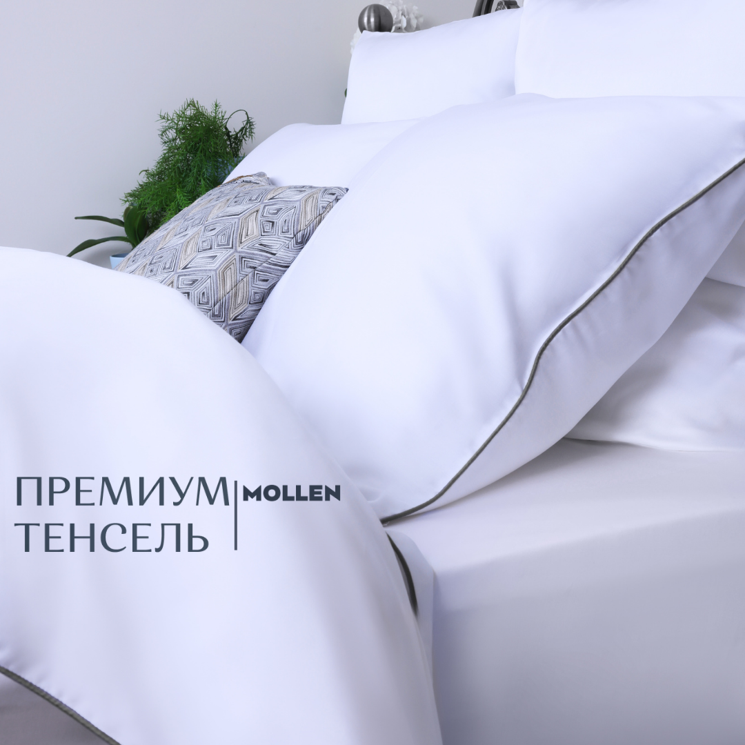 Постельное белье Семейное из тенселя, пододеяльник 2 штуки 150x200, простыня 250х280, наволочки 50x70. Серебристый кант