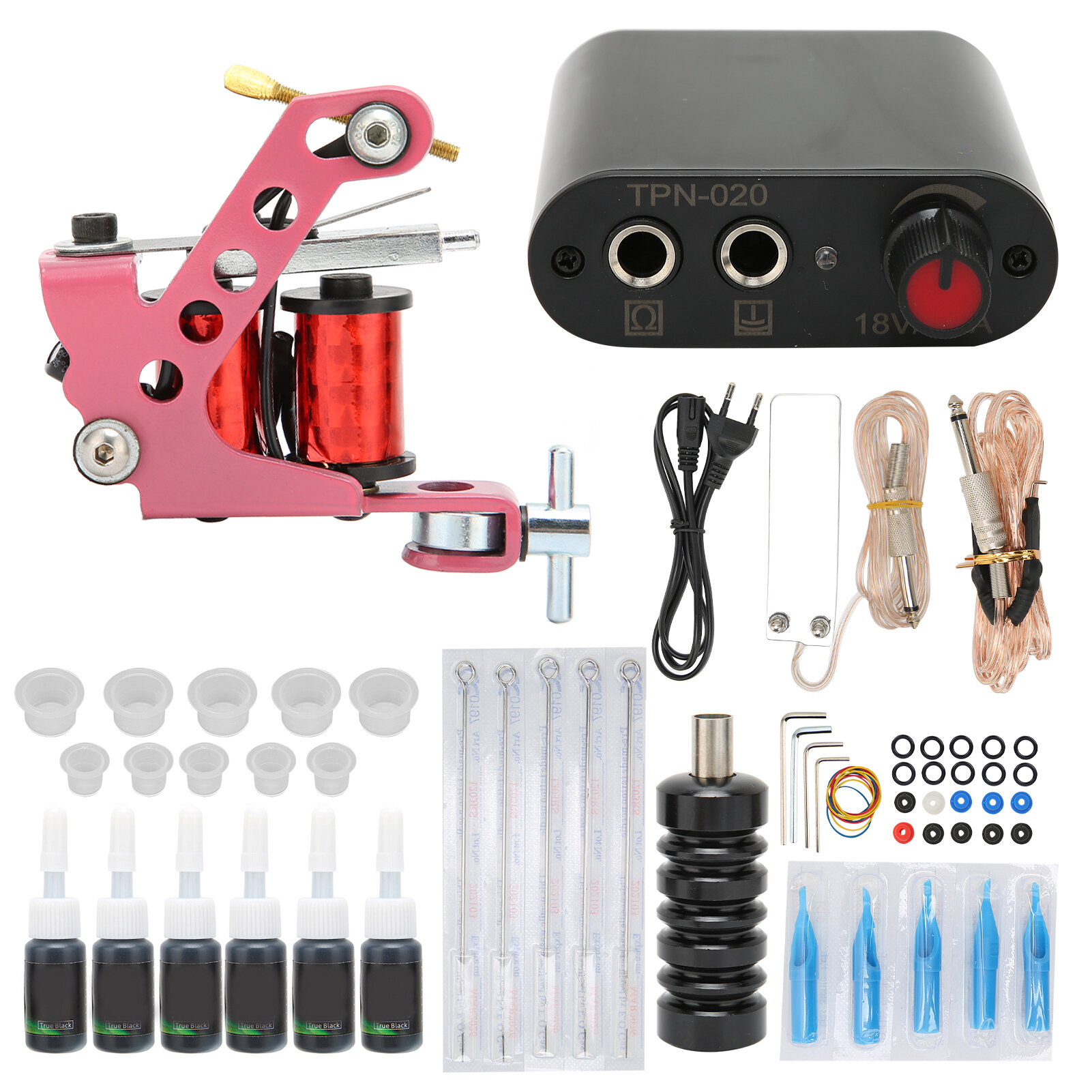 Комплект для татуировки: катушечный тату-аппарат, блок питания, ножная педаль, зажим, шнур, игла, набор для начинающих (90–265 В), вилка стандарта ЕС.