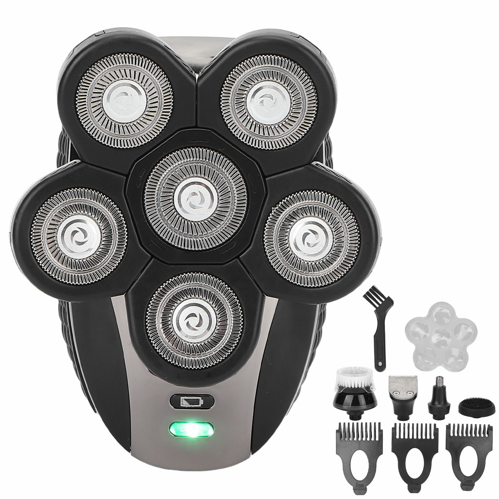 Электрическая бритва для головы 5 в 1, влагозащищенный мужской триммер с 6 ротационными насадками и аккумулятором 600 мАч