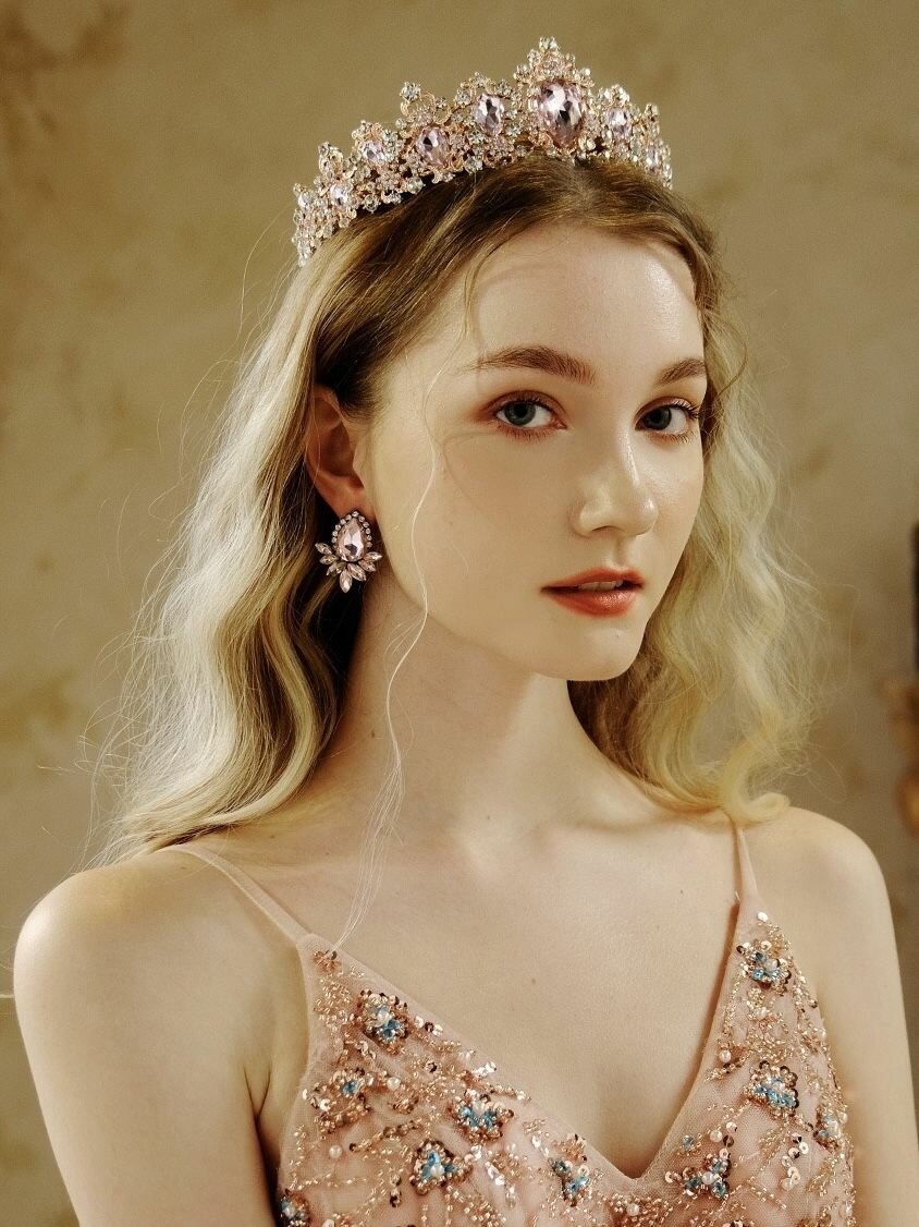 Роскошная винтажная диадема с кристаллами в золотом цвете | Свадебная корона 14 см | Набор с розовыми стразами