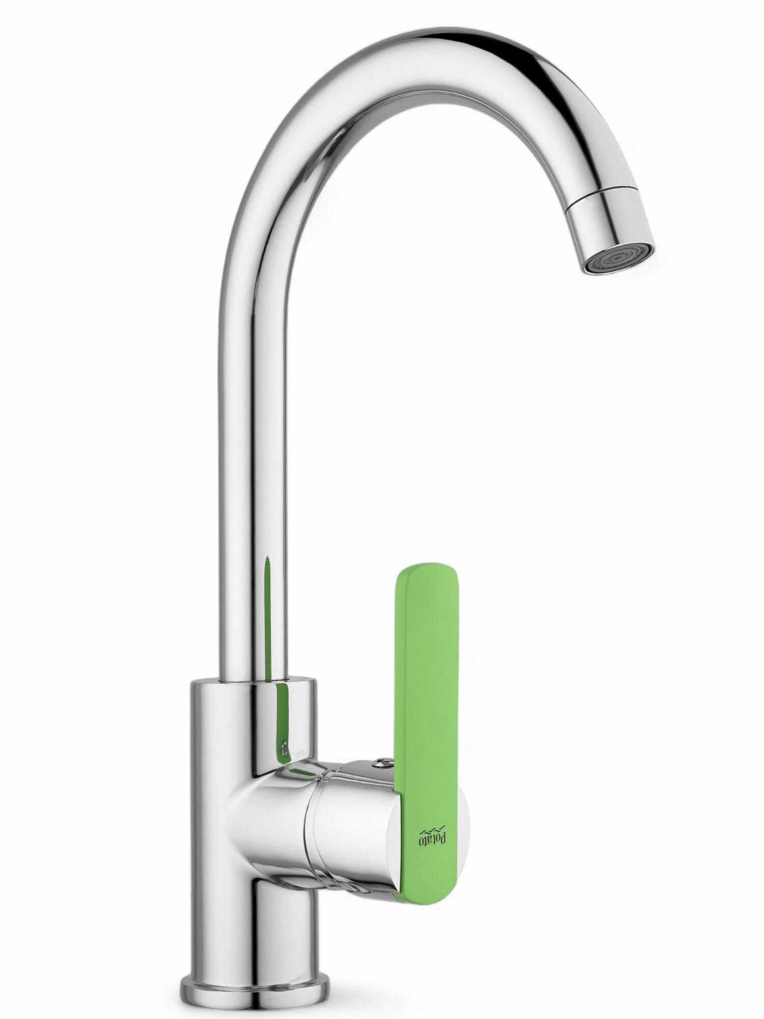 Смеситель для кухни с высоким поворотным изливом и дизайнерской зеленой ручкой, хром