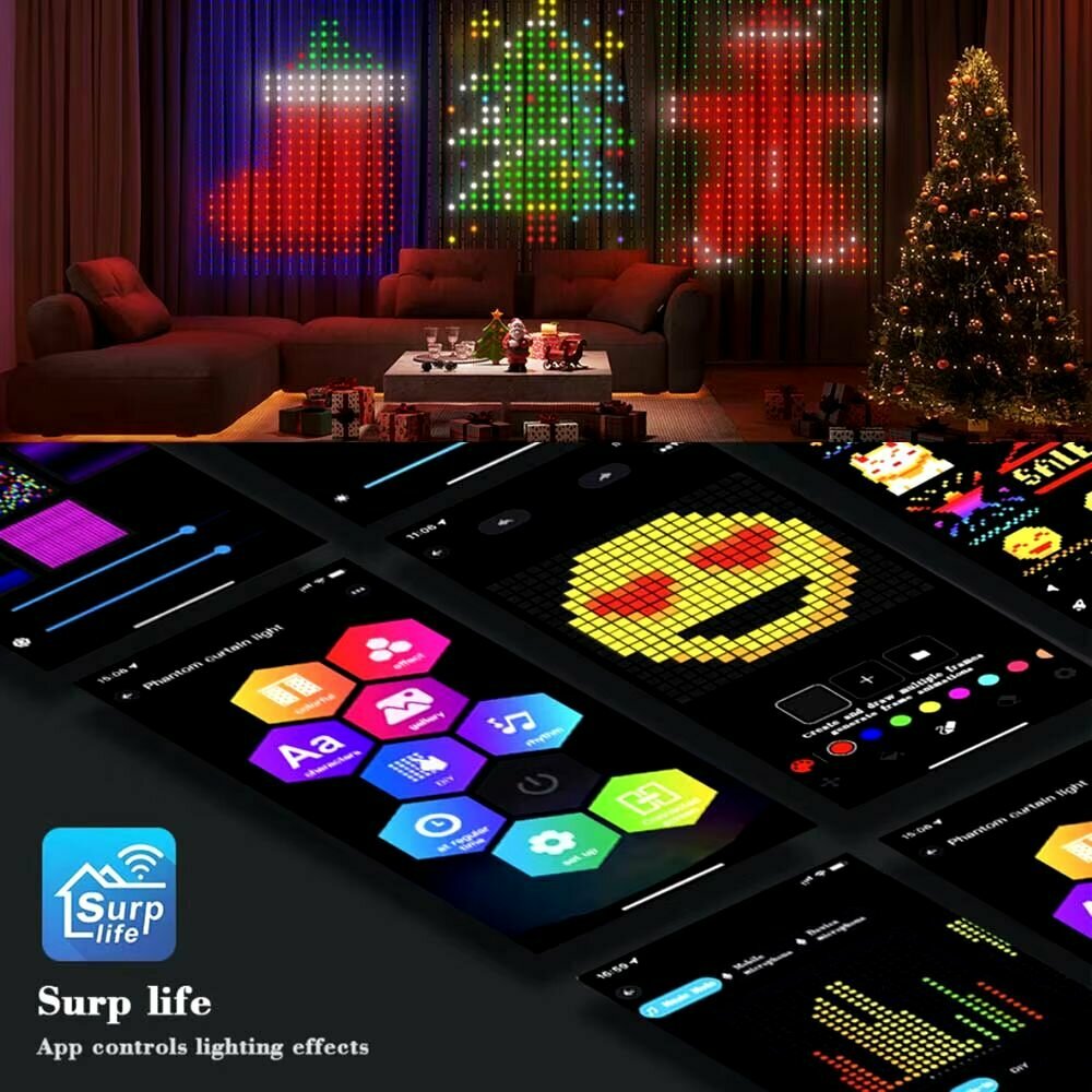 Гирлянда Bluetooth SMART занавес SPI IC, 5В USB/220В, 3х2 м, 400 диодов, пульт 24 кнопки