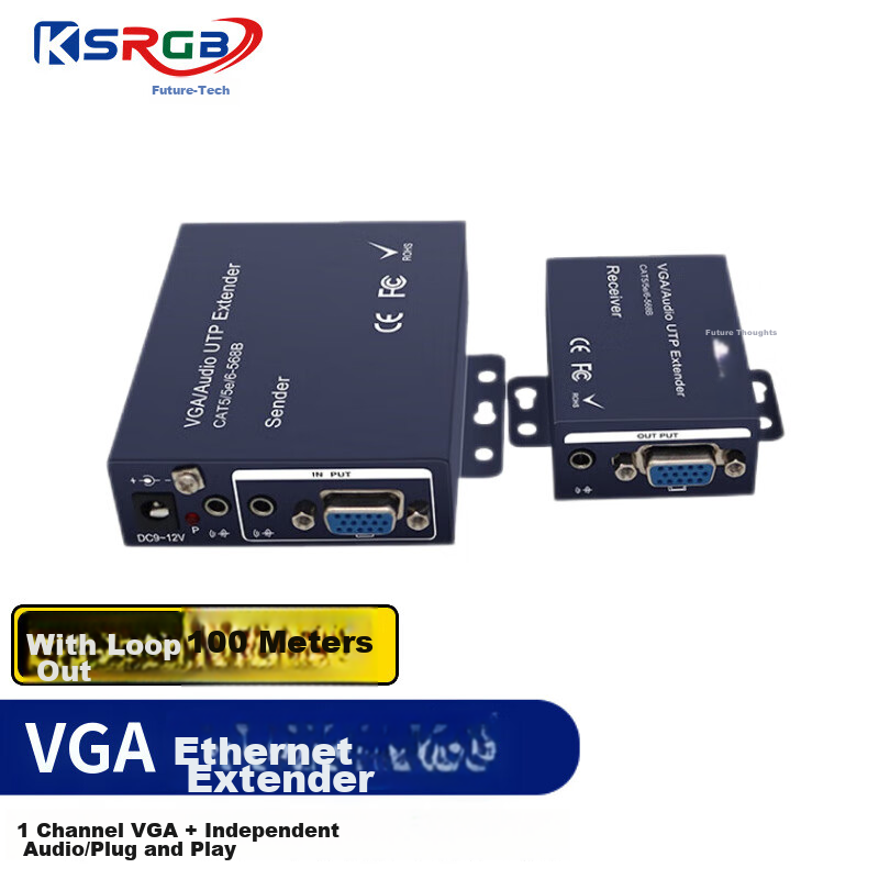 Kesai Future VGA Cable Extender, High-Definition Video Transmitter, VGA to RJ45 Cable Transmission 1080P with Audio (100 Meters with Ring Out) KS-D