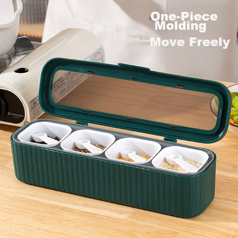 Xingfang Seasoning Box, Spice Container, Condiment Bottle, Household Seasoning Jar, Seasoning Set, Salt Container, Four-Compartment Seasoning Jar with Spoon