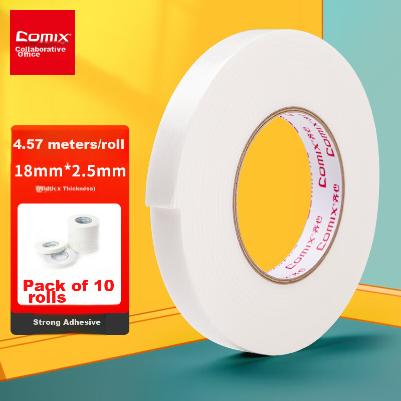 Comix Double-Sided Tape, Strong Adhesive Foam Sponge Double-Sided Tape, 18mm*5y (4.57 Meters/roll), 10 Rolls, Office Supplies, PM1805-10