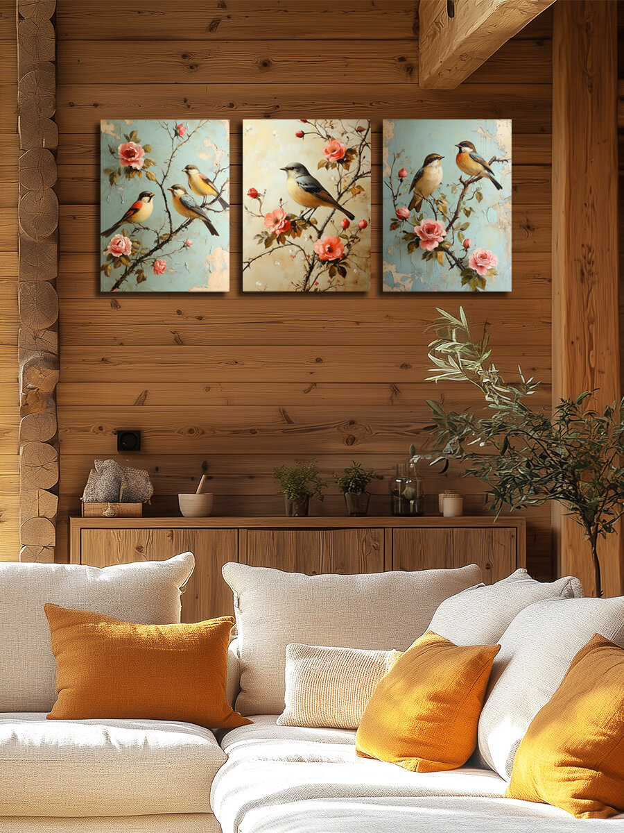 Комплект картин на холсте LOFTime 3 шт 30Х40 Птицы на ветках прованс К-1376-3040