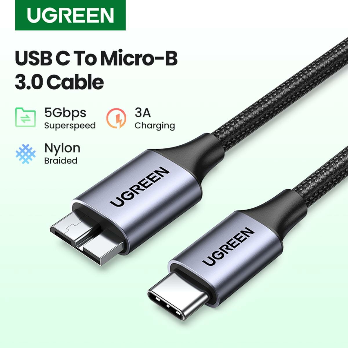 Кабель UGREEN USB C - Micro B 3.0, 5 Гбит/с, 3 А, быстрая синхронизация данных, кабель для жесткого диска Macbook, HDD,