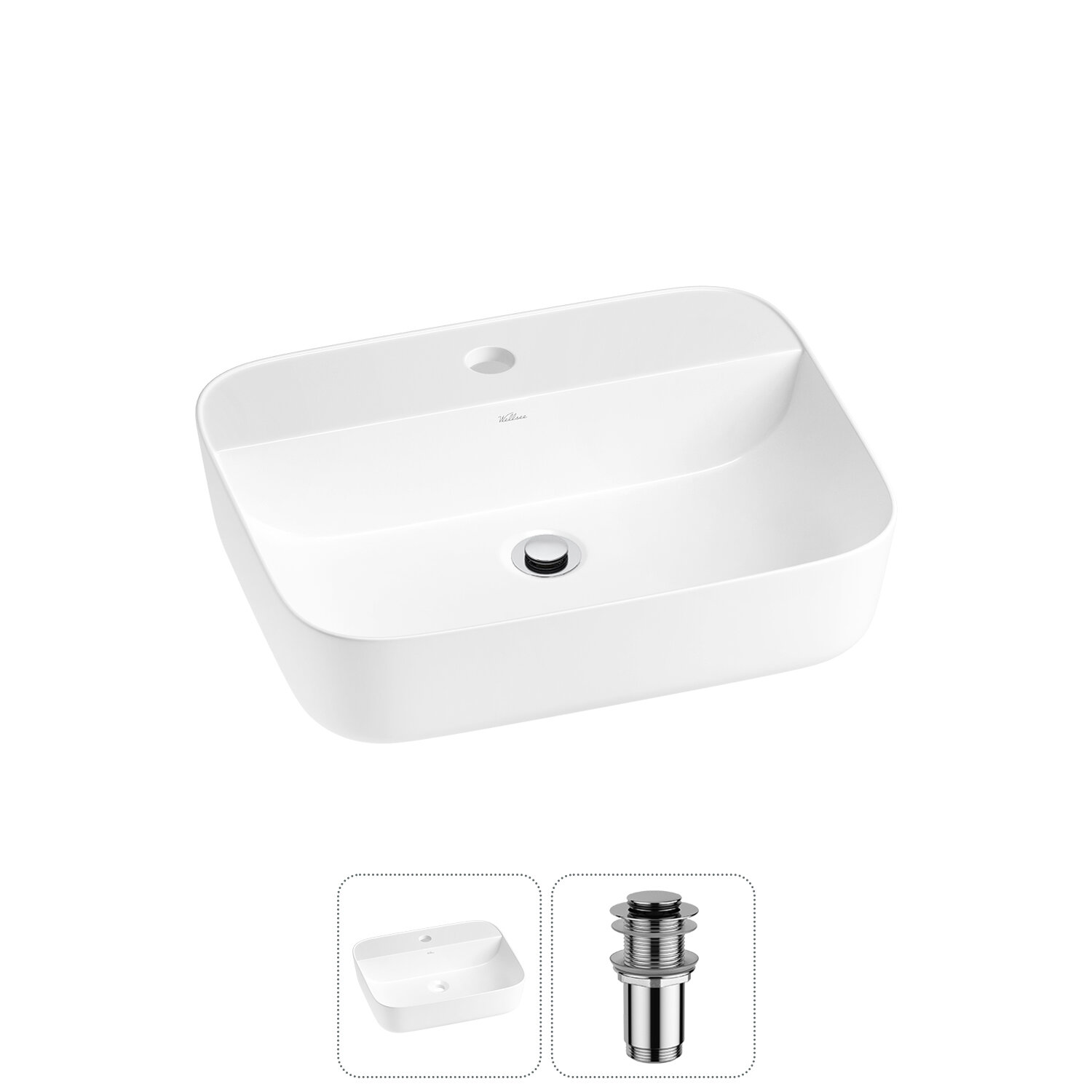 Накладная раковина в ванную комнату Wellsee Preen 20214315R в наборе 2 в 1: раковина 50 см в цвете белый глянец, донный клапан в цвете хром