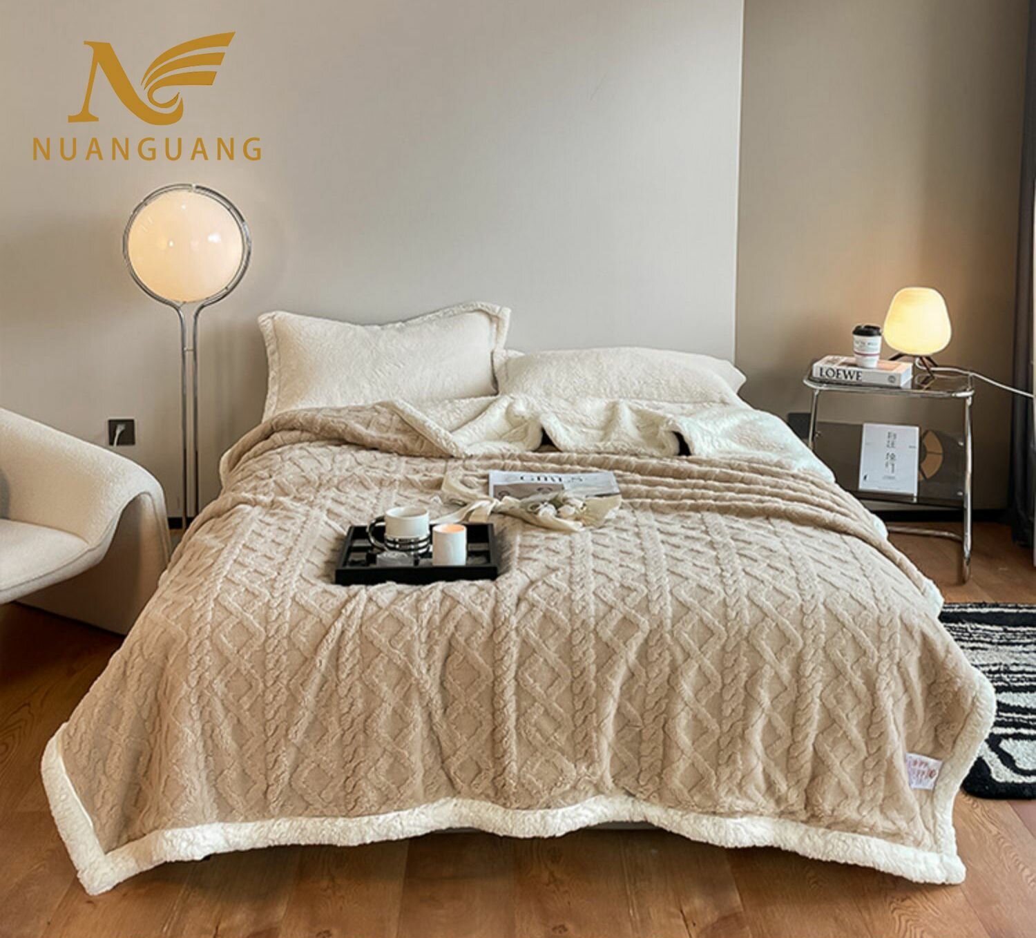 Мягкий двусторонний плед-покрывало 200x220см, бежевый