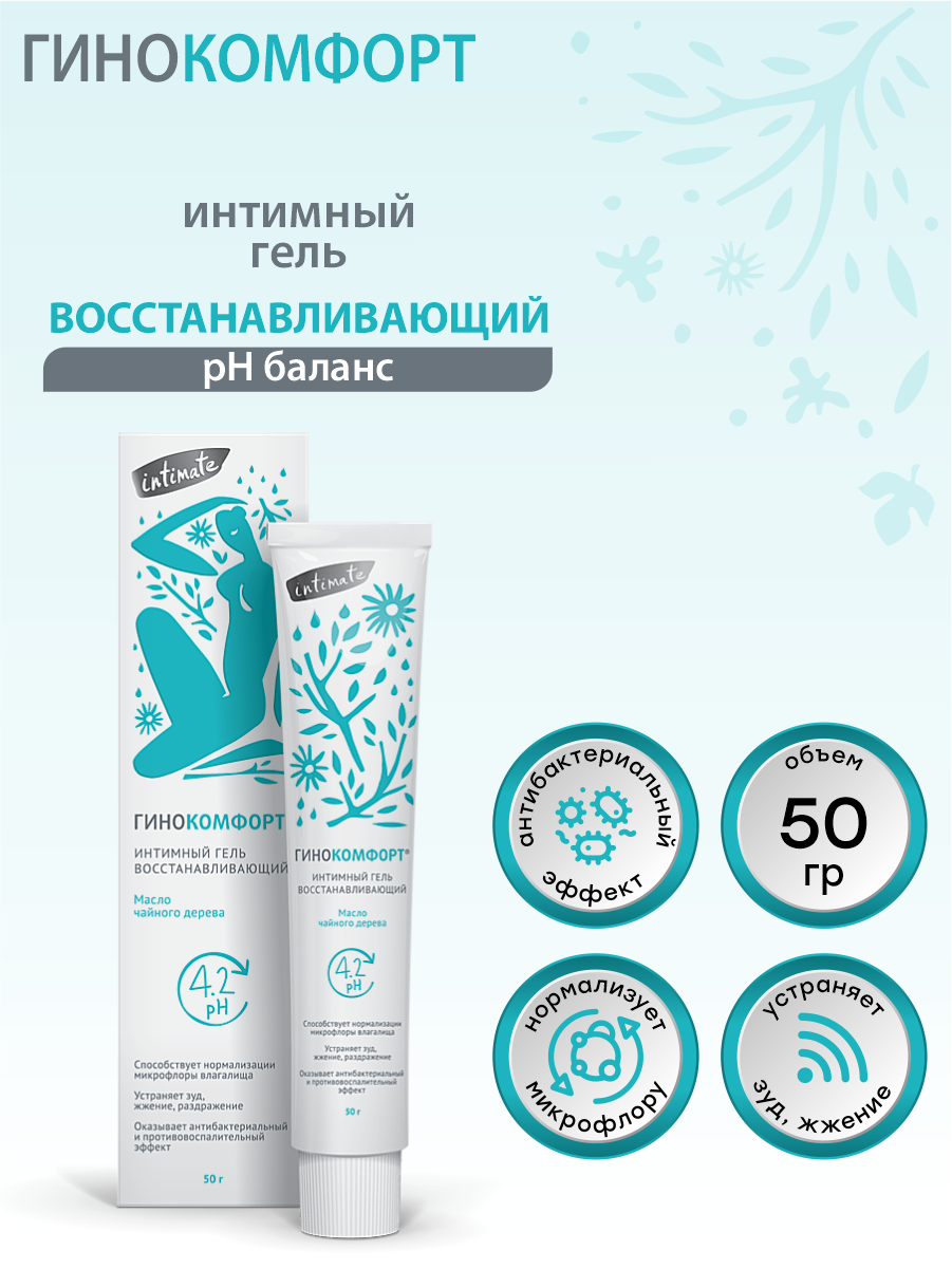 Интимный гель Гинокомфорт РН баланс восстанавливающий с маслом чайного дерева 50 гр.