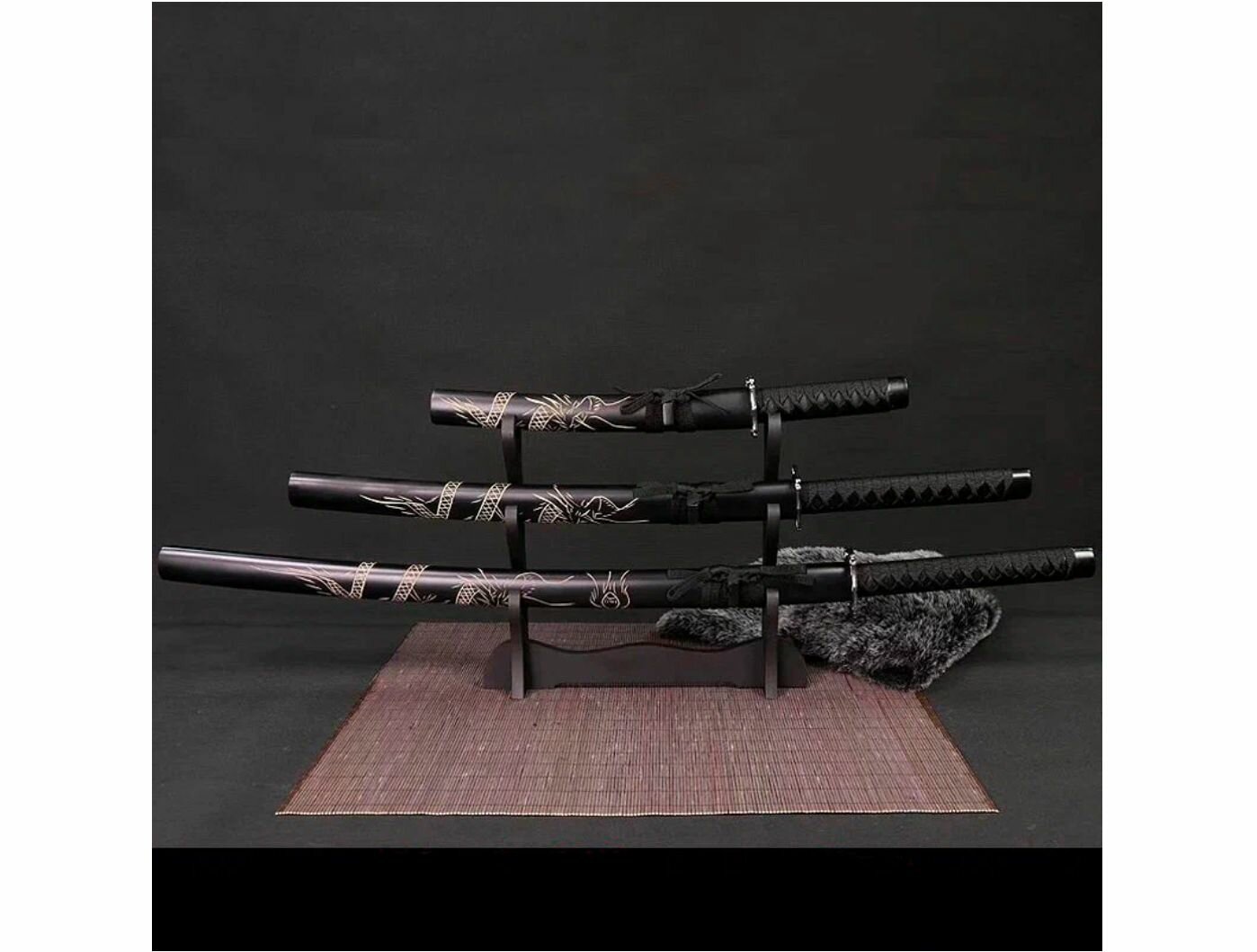 Сувенирное изделие катаны 3в1 на подставке, ножны бамбук, черный дракон, 47/70/89см