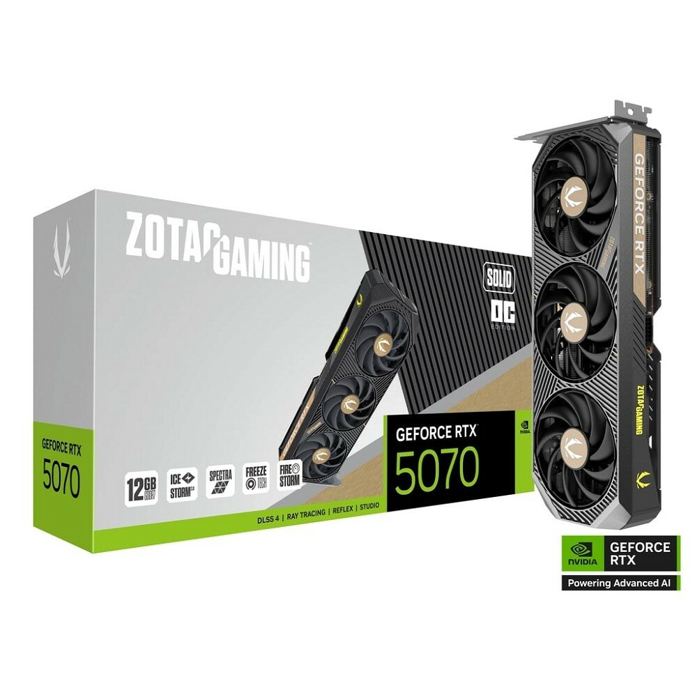 Zotac Видеокарта GAMING GeForce RTX 5070 SOLID OC 12Gb GDDR7, PCI-E x16 5.0, 192bit 2165-2542Mhz, 3xDP, HDMI