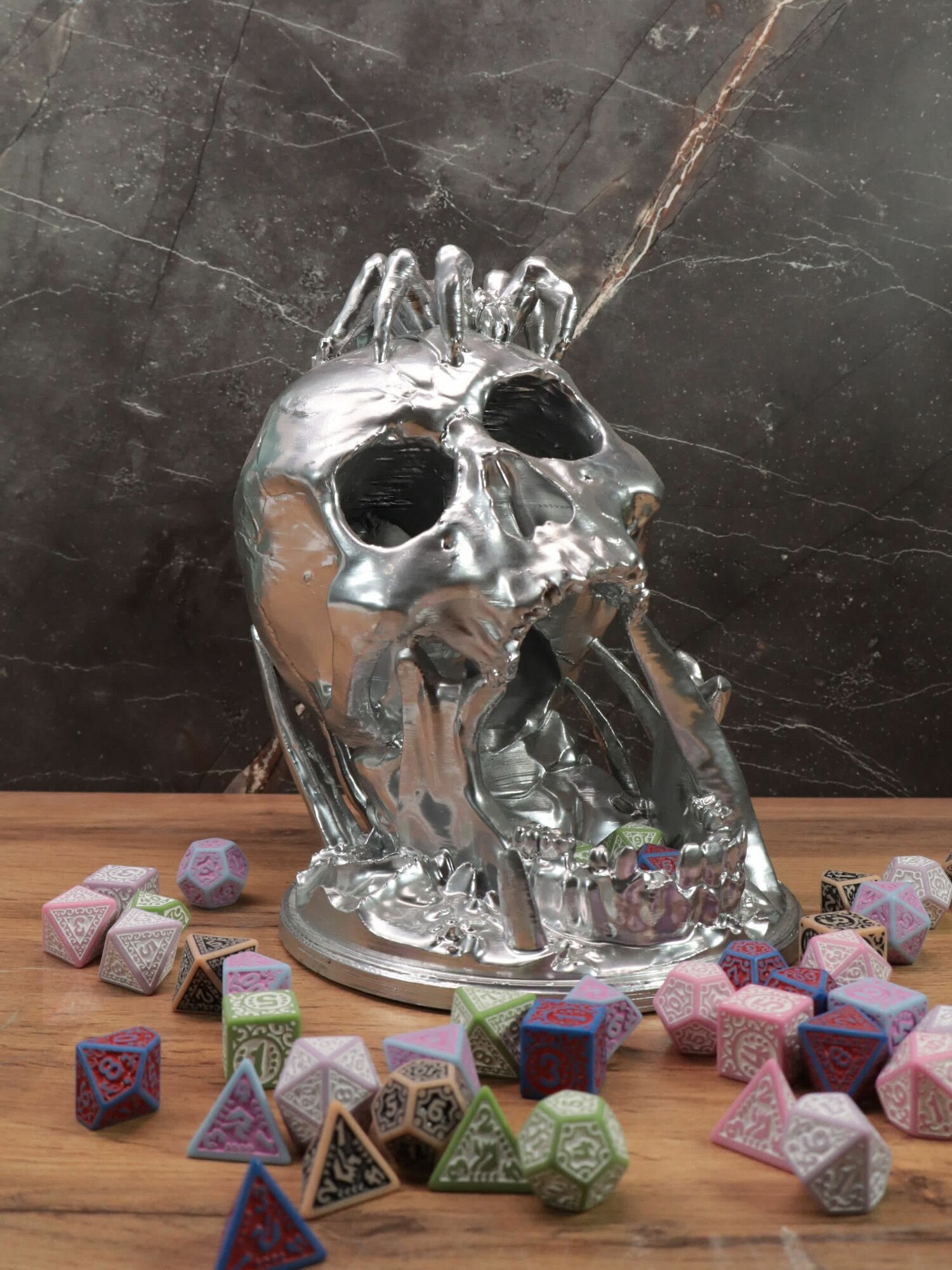 Башня Череп Великана с пауком Хром для кубиков настольных игр / DnD, Dice Tower, D&D, Dungeon and Dragons, миниатюра