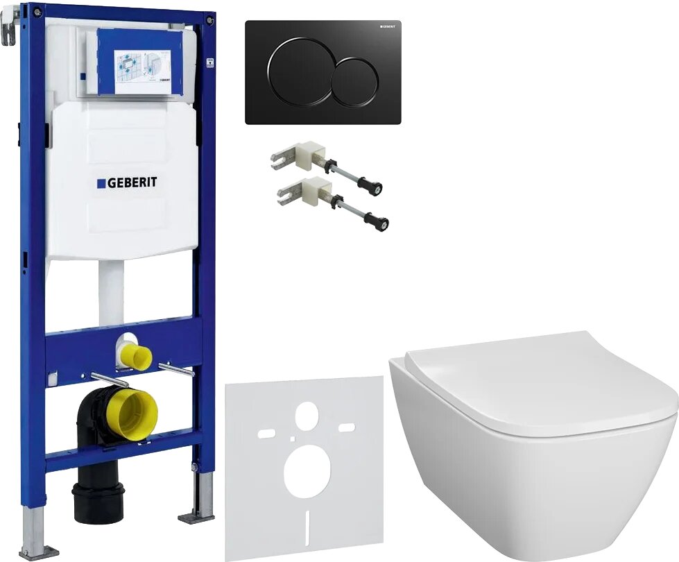Комплект Унитаз подвесной Geberit Smyle Square с крышкой-сиденьем с микролифтом / Крепления к стене / Шумоизоляция, Инсталляция UP 320 111.300.00.5, Кнопка Sigma черная
