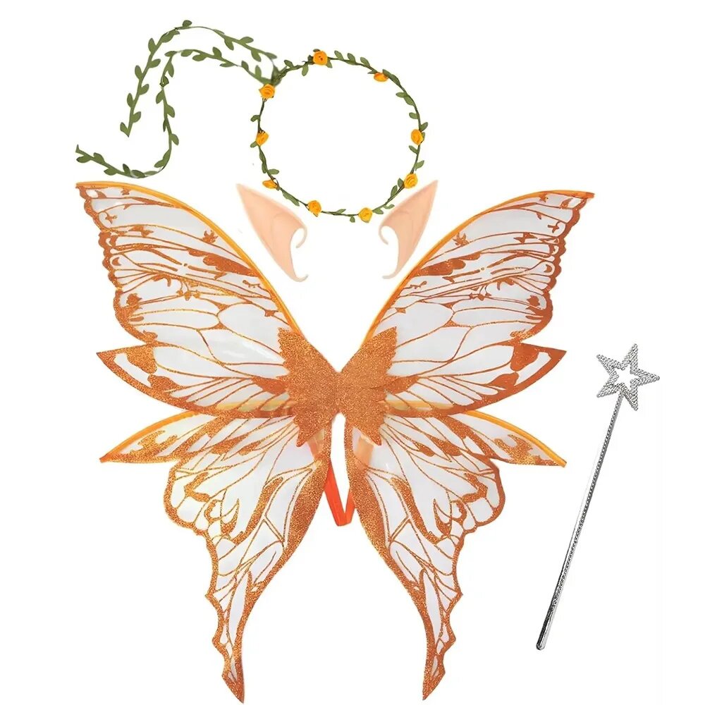 Крылья феи-бабочки, развевающиеся крылья, блестящий костюм феи, набор крыльев, звездная палочка, уши эльфа, набор крыльев для фотосессии