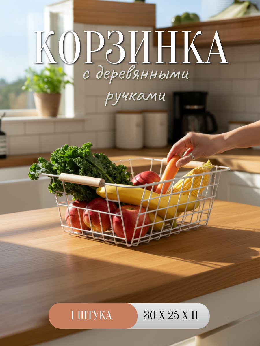 Органайзер для хранения, корзина для хранения, с деревянными ручками, белая матовая, 310х235х100, 1 шт