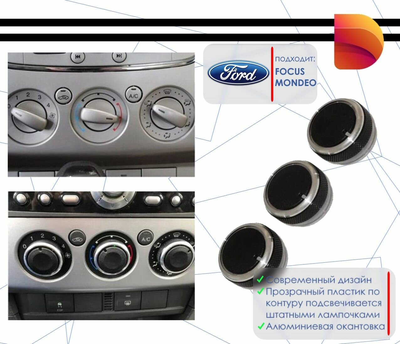 Ручки регулировки печки/кондиционера для FORD (черные)