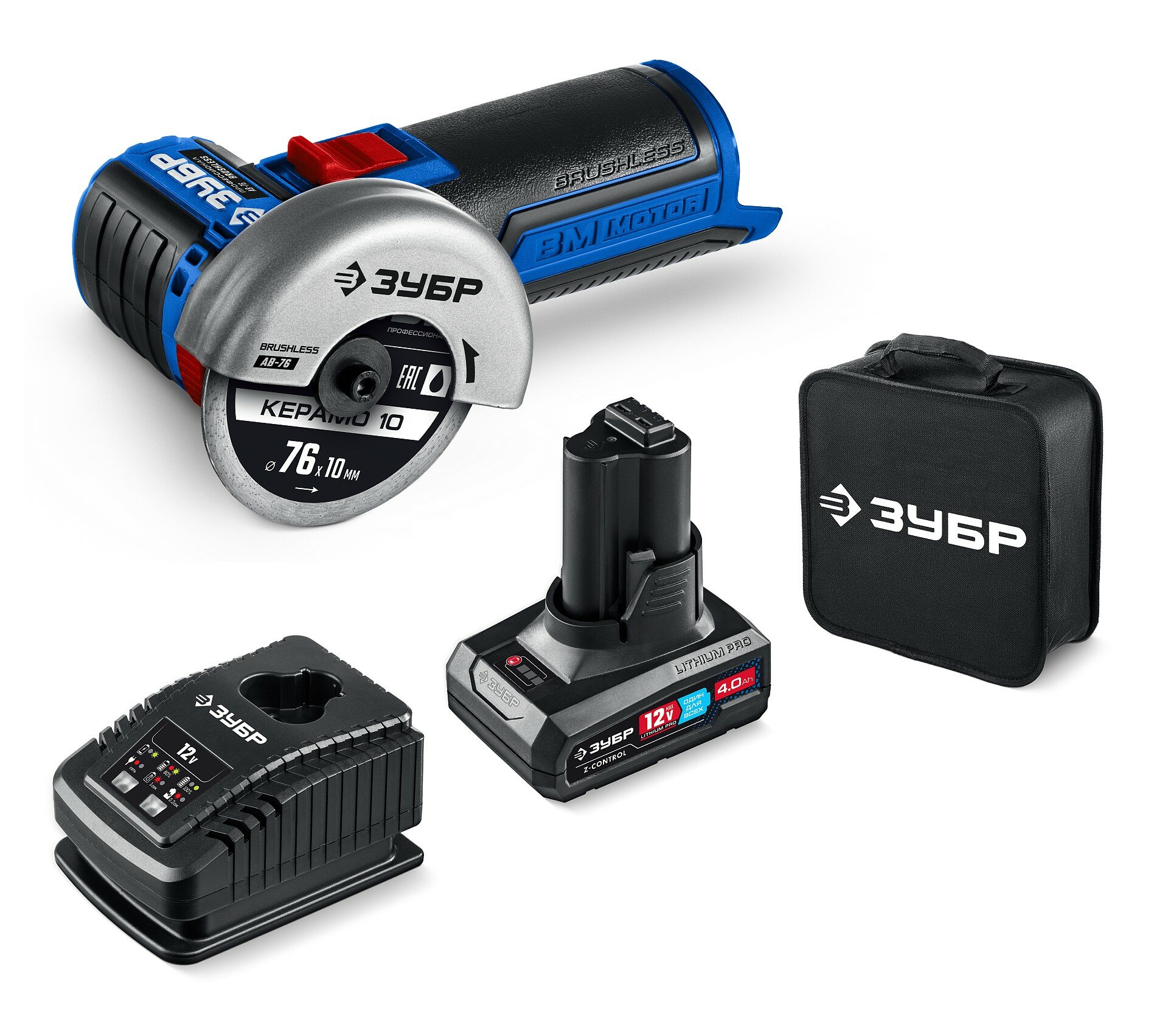 ЗУБР 12 В, D76 мм, 1 АКБ тип Т7 (4 А·ч), бесщеточная УШМ, сумка, Профессионал (AB-76-41)