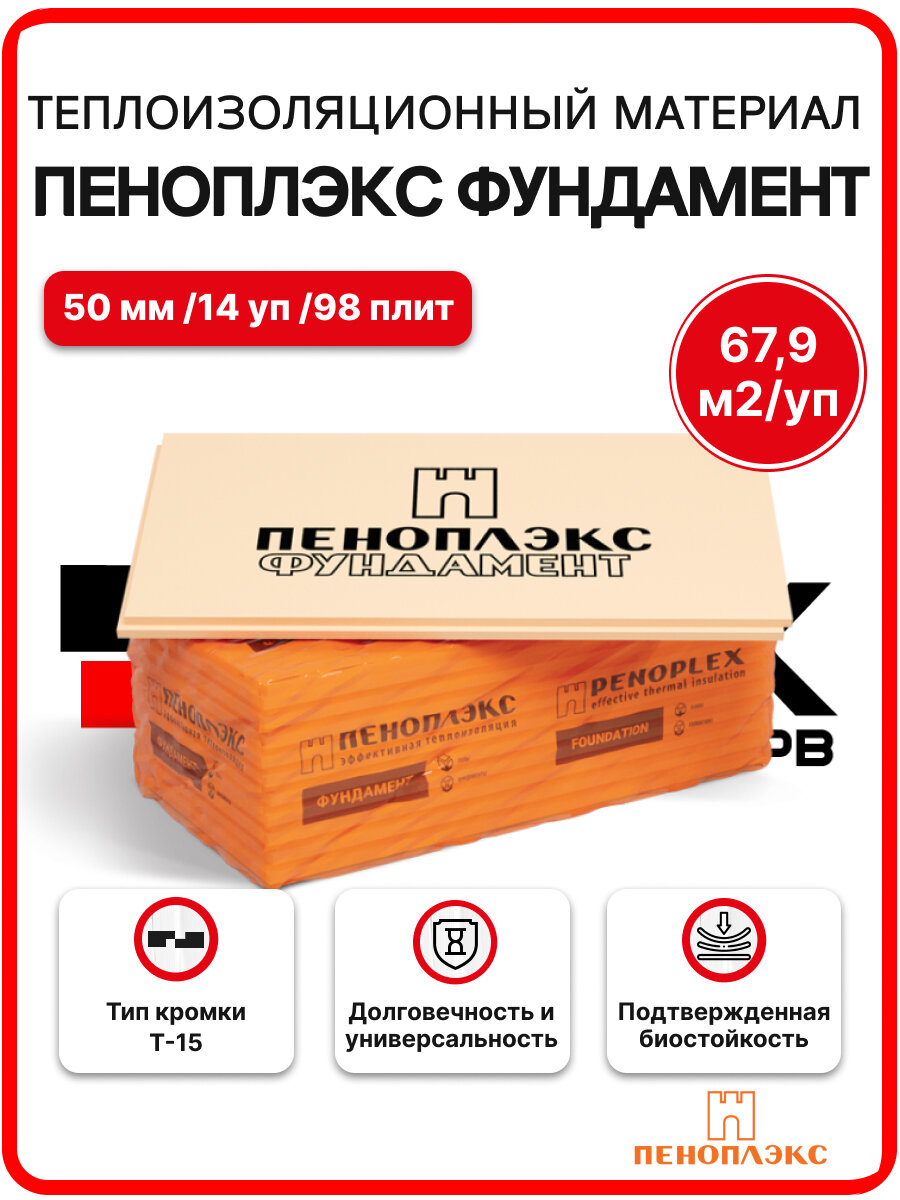Пеноплекс Фундамент 50 мм (14 уп/ 67,9м2/ 98плит) утеплитель из пенополистирола для стен, балкона, фасада, крыши, пола