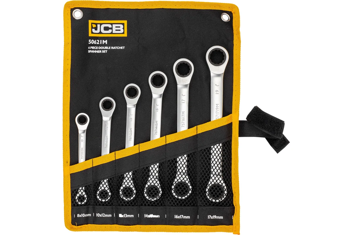 Ключи накидные трещоточные JCB, набор 6 предметов, на полотне, сталь
