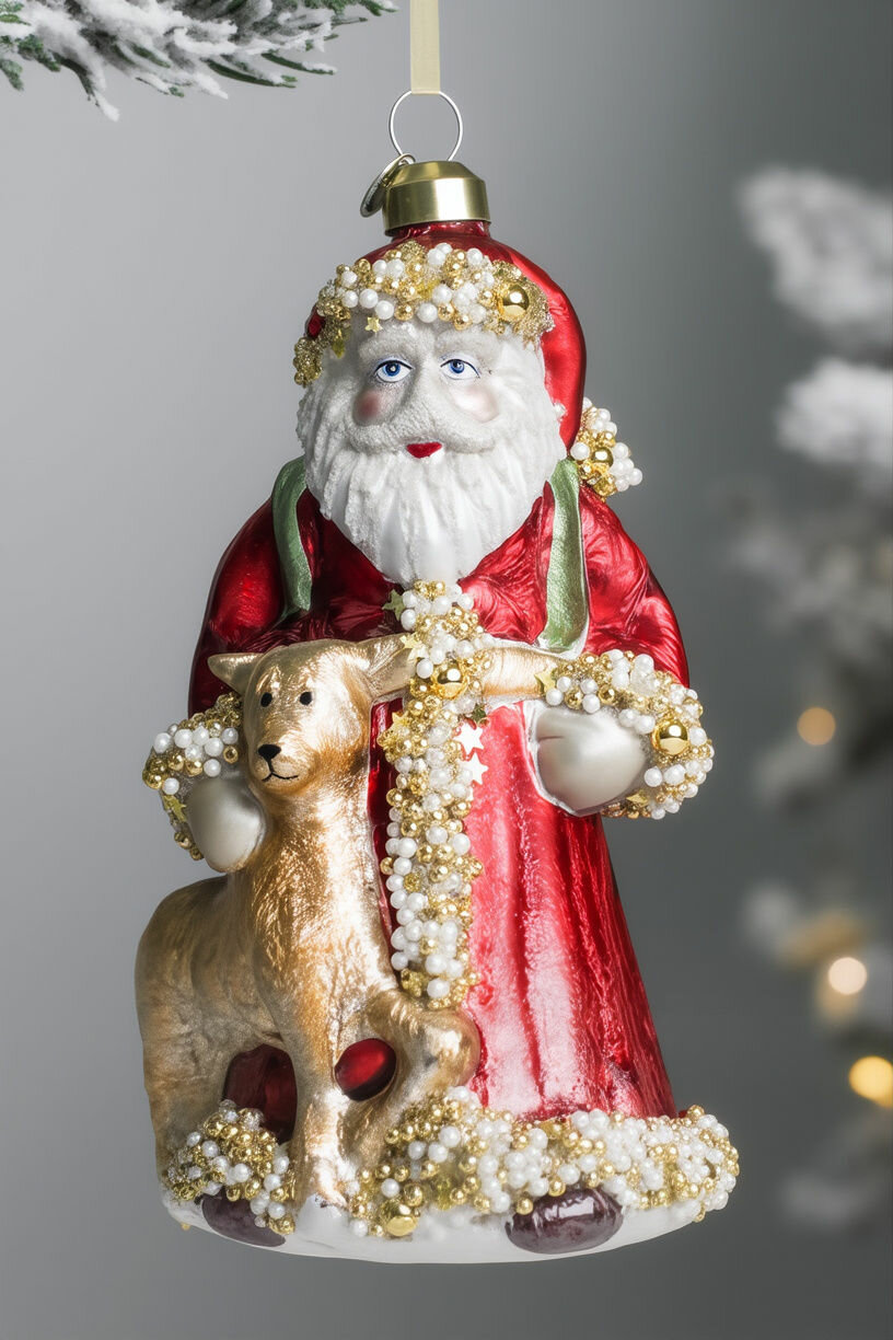 Ёлочная игрушка ДЕД мороз И золотой оленёнок, стекло, 14 см, Winter Deco 1001235