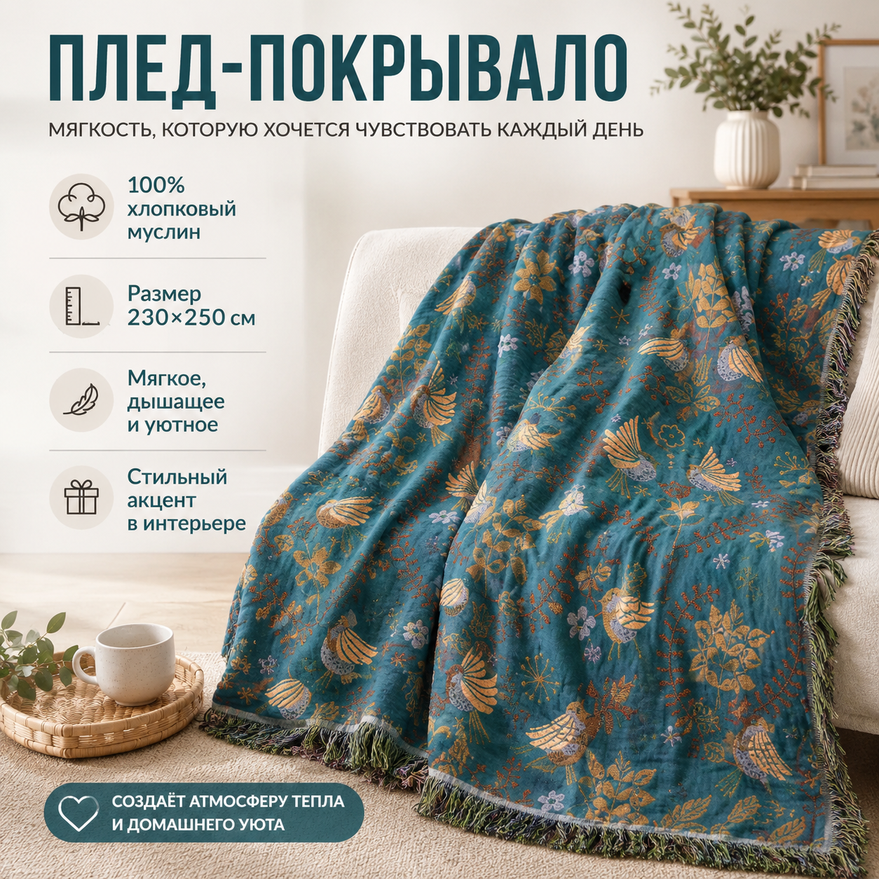 Плед‑покрывало из хлопка муслин 230×250 см, цветочный узор, домашнее одеяло на диван 230x250
