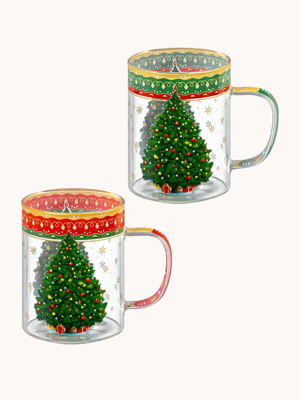 Кружка, чашка для чая, кофе 2 шт по 450 мл Elan Gallery Новогодняя ёлка, красный+зеленый узор, стекло, набор