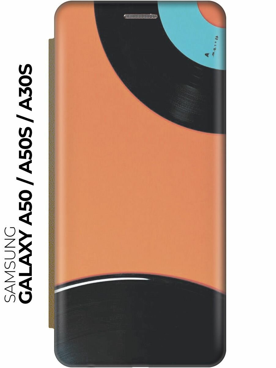 Чехол-книжка Пластинки на оранжевом на Samsung Galaxy A50 / A50s / A30s / Самсунг А50 / А30с / А50с с эффектом блика золотой