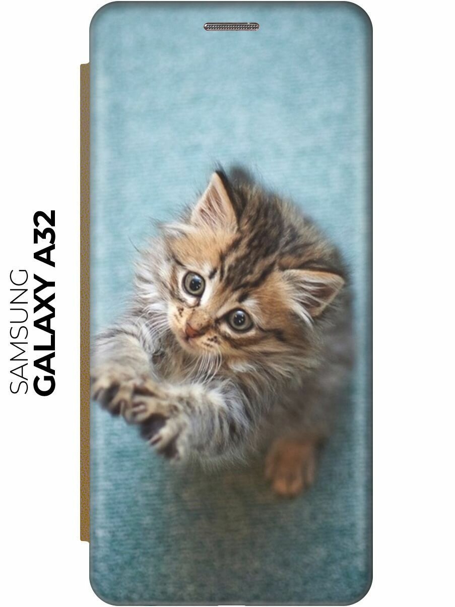 Чехол-книжка Котёнок на голубом на Samsung Galaxy A32 / Самсунг А32 золотой