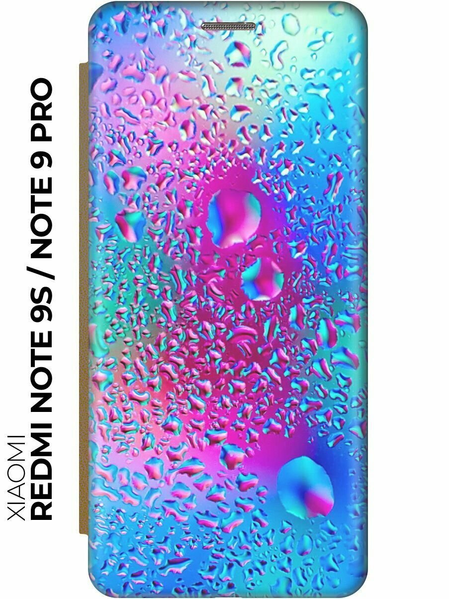 Чехол-книжка Капли на стекле на Xiaomi Redmi Note 9s / Note 9 Pro / Сяоми Редми Ноут 9с / Ноут 9 Про золотой