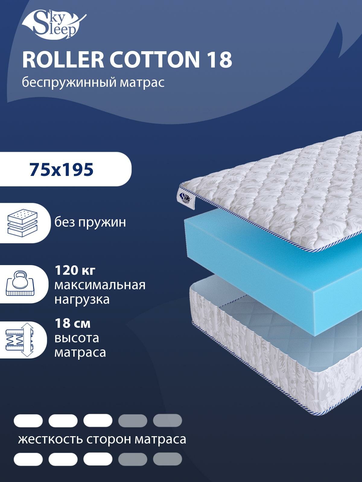 Беспружинный ортопедический матрас SkySleep FLEX Plus 18 на диван кровать 75x195