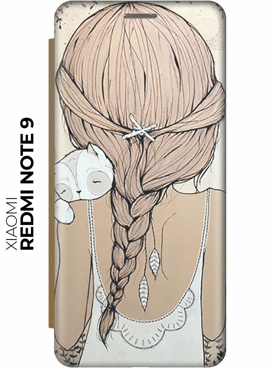 Чехол-книжка Девочка в обнимку с котом на Xiaomi Redmi Note 9 / Сяоми Редми Ноут 9 золотой