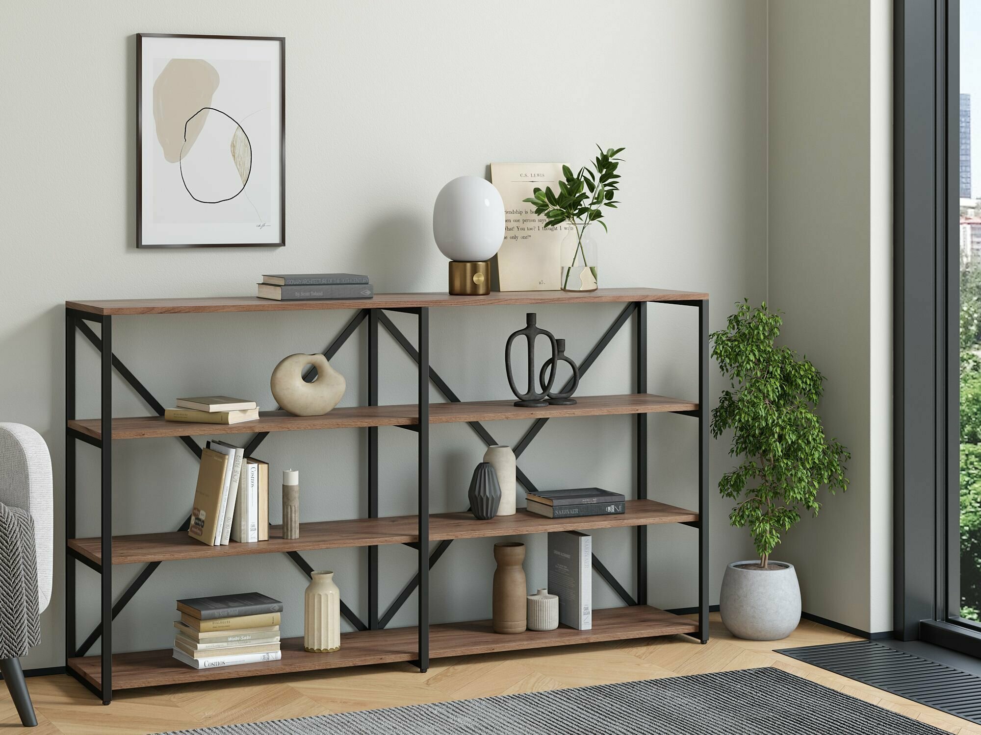 Стеллаж Айсберг Лофт 160/4 Черный с полками дуб крафт табак