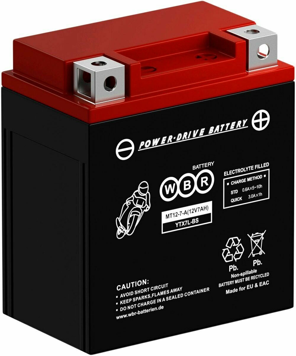 Мото аккумулятор WBR 12В 7 А/ч (12V7Ah) (YTX7L-BS, СТ1207.1)