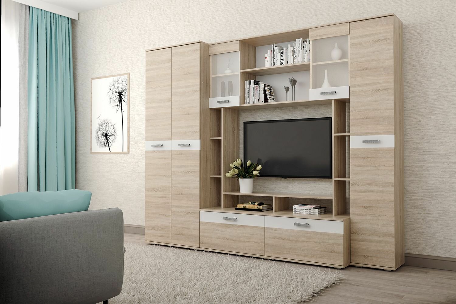 Гостиная "Белла" Дуб Сонома/Белый Глянец