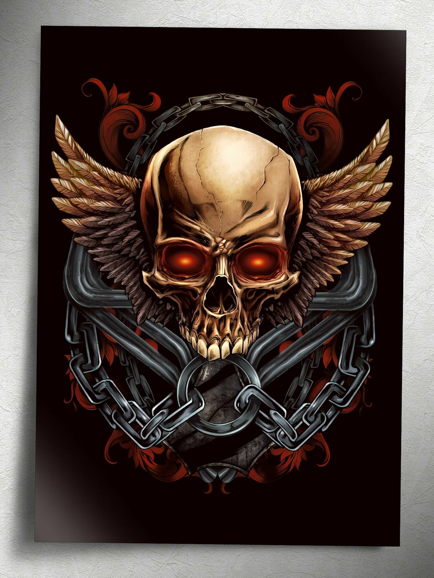 Интерьерный постер: Брутальный череп в цепях, на А4