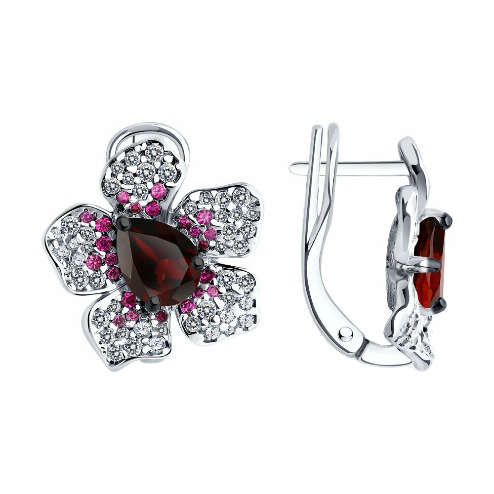 Серьги, серебро, 925 проба, родирование, фианит, гранат, корунд синтетический