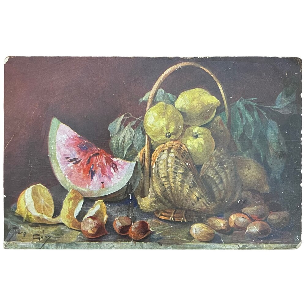 Почтовая открытка "Корзина фруктов и арбуз" 1900-1917 гг. Германия