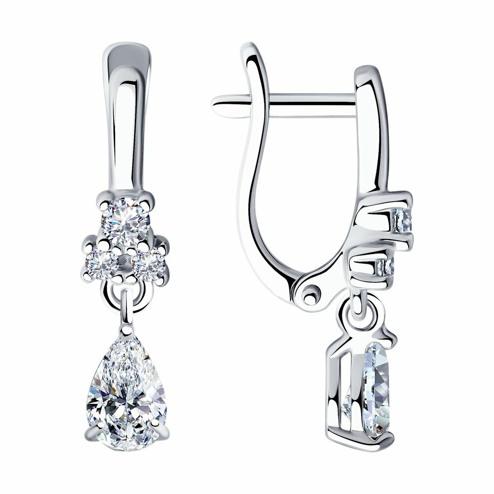 Серьги с подвесками, серебро, 925 проба, родирование, фианит