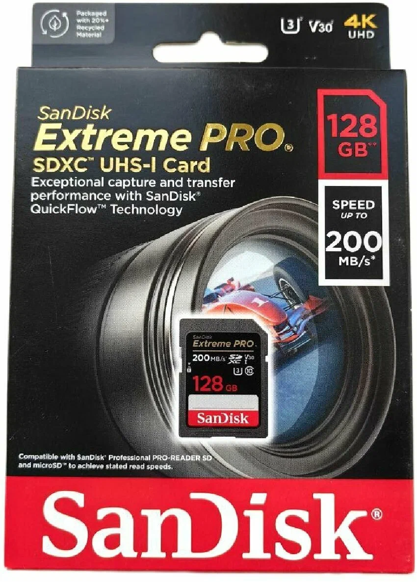 Карта памяти Extreme Pro SanDisk SDXC 128 ГБ Class 10, V30, UHS-I U3, 1 шт, черный