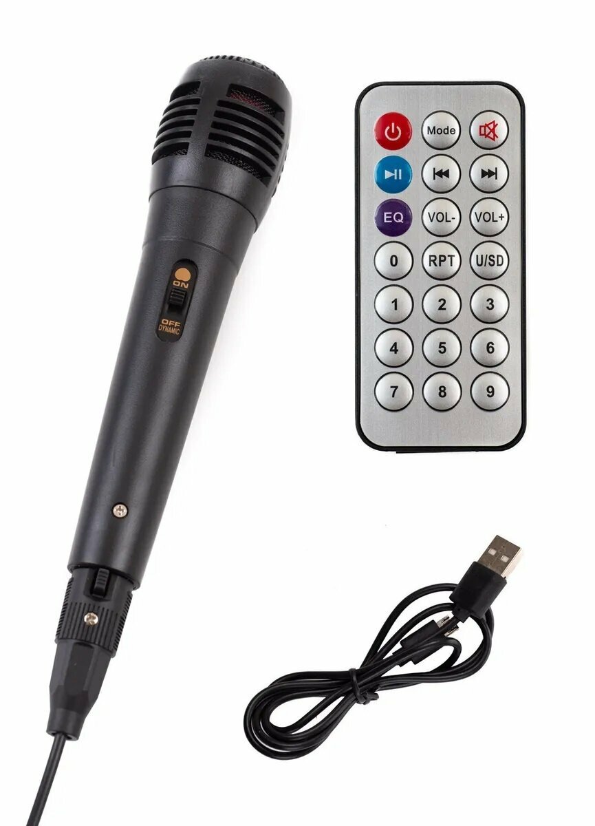 Комплектующие для портативной акустики (Микрофон, Зарядный кабель USB-Type-C, Провод 3,5mm "Aux" (3pin), Пульт управления)